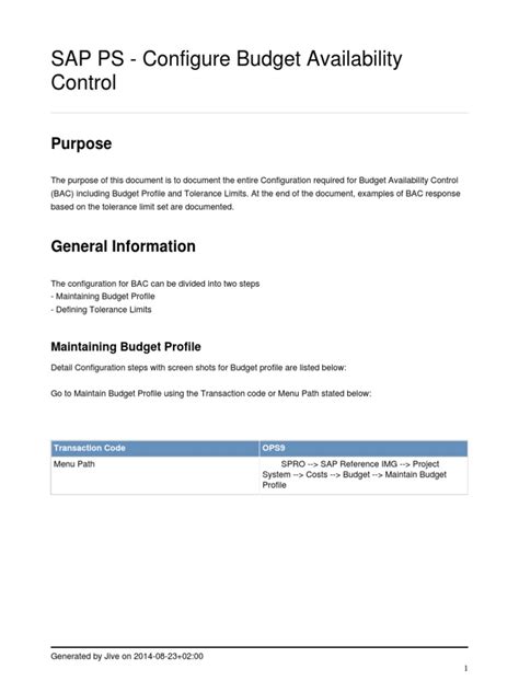 Sap Ps Configure Budget Availability Control Purpose Pdf Budget