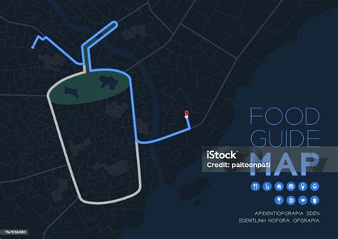 음식 가이드 방향지도 여행 아이콘 개념 복사 공간 벡터 Eps 10 회색 배경에 격리 된 야간 모드 그림에서 빨대 모양 디자인이있는 도로 음료 유리 강에 대한 스톡 벡터