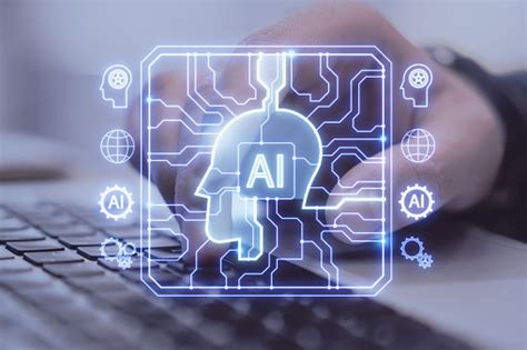 흐릿한 배경에 회로가 있는 창의적인 Ai 헤드 개요 홀로그램이 있는 노트북 키보드를 사용하여 남성의 손을 닫습니다 이중 노출