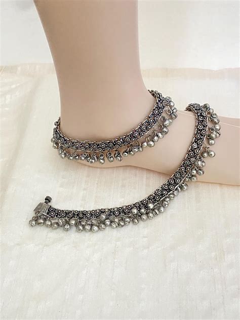 Silver Oxidized Chain Anklets With Ghungroosboho Ankletsdandia