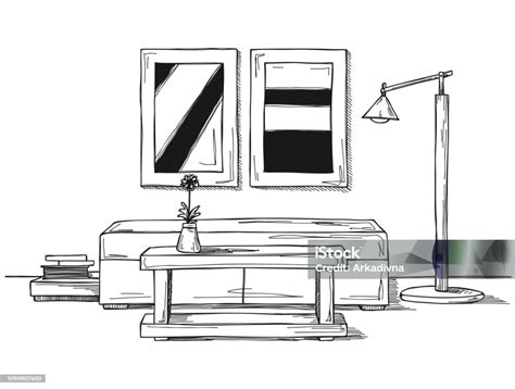 인테리어의 선형 밑그림입니다 소파 테이블 램프 및 그림 손으로 그린 스케치 스타일의 벡터 일러스트 레이 션 3차원 형태에 대한 스톡 벡터 아트 및 기타 이미지 Istock