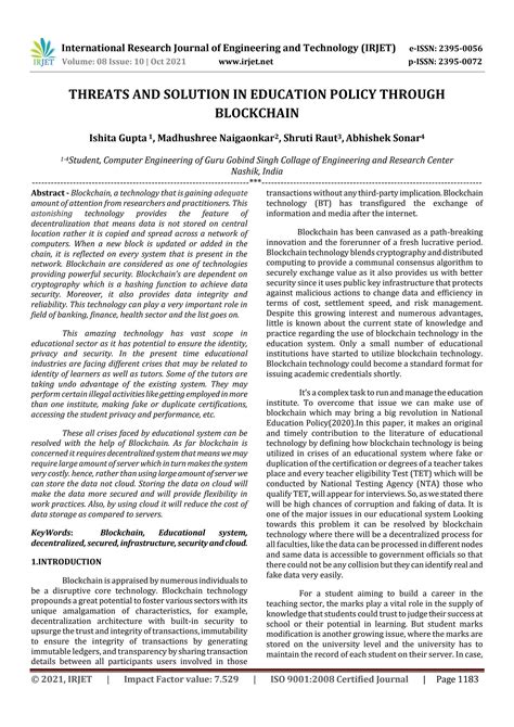 Irjet Threats And Solution In Education Policy Through Blockchain By
