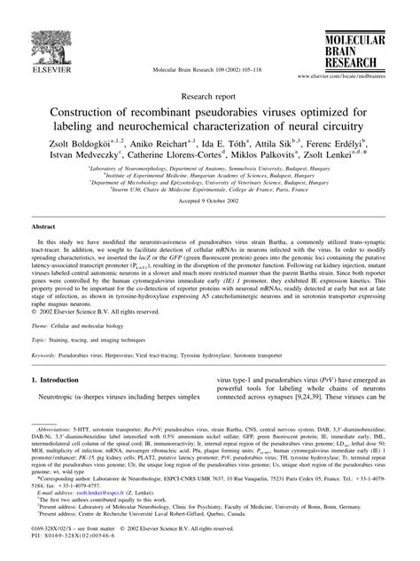 Pdf Construction Of Recombinant Pseudorabies Viruses Optimized For Labeling And Neurochemical