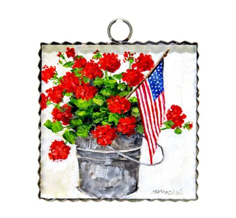 Americana Bucket Of Red Geraniums And American Flag Mini Print