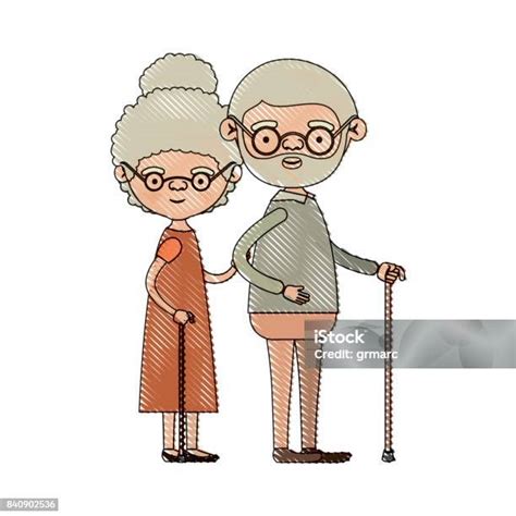 색상 크레용 실루엣의 드레스와 수염 할아버지 안경 할머니 곱슬 롤빵 헤어스타일으로 지팡이에 전신 노인 부부 2명에 대한 스톡
