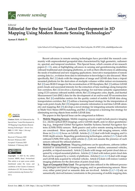 Pdf Editorial For The Special Issue “latest Development In 3d Mapping Using Modern Remote