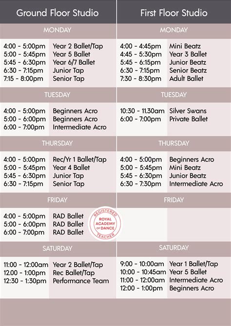 Our Timetable Dba School Of Dance
