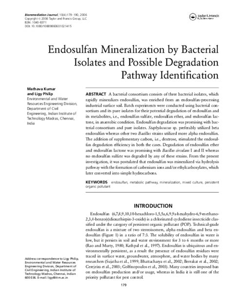 Pdf Endosulfan Mineralization By Bacterial Isolates And Possible Degradation Pathway