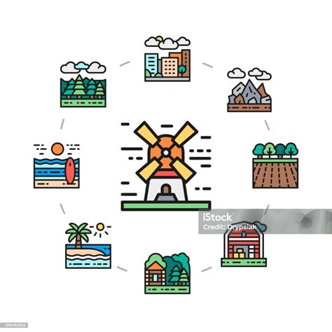 원으로 설정된 가로 아이콘입니다 다리 숲 정원 화산 풍차 승진 아이콘 그림 흰색 배경에 고립 개체 그룹에 대한 스톡 벡터 아트