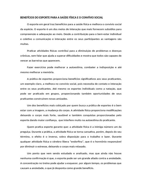 Benefícios Do Esporte Para A Saúde Física E O Convívio Social Pdf