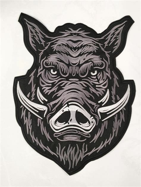 Big Gray Boar With Tusks Statement Iron On Embroidered Patch Large Cool