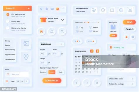 배달 모바일 앱에 대한 사용자 인터페이스 요소입니다 독특한 호형성 디자인 Ui Ux Gui Kit 요소 템플릿 노이모티즘 스타일