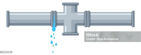 물방울이있는 파이프 흰색 배경에 격리된 깨진 하수구가 새고 있습니다 배관공 수리 누수 문제 젖은 바닥 만화 평면 요소 벡터 손상된 플라스틱 파이프라인 그림 강철에 대한 스톡