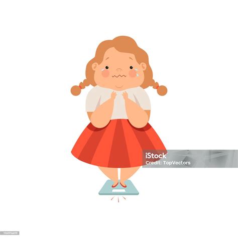 과 체중 땀이 소녀 흰색 바탕에 귀여운 통 통한 아이 만화 문자 벡터 일러스트 레이 션 과체중에 대한 스톡 벡터 아트 및 기타