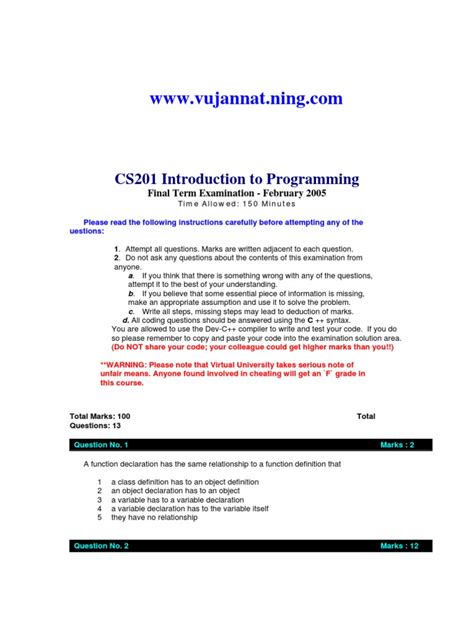 Cs201 Collection Of Old Papers Pdf Class Computer Programming Subroutine