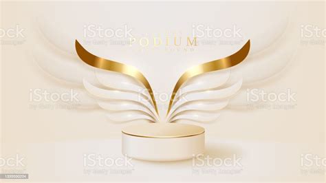 골든 커브 라인 씬이 돋보이는 현실적인 화이트 디스플레이 스탠드 프로모션 판매 및 마케팅을 위한 제품을 보여주는 연단 럭셔리 스타일 배경 3d 벡터 그림입니다 항공기 날개에