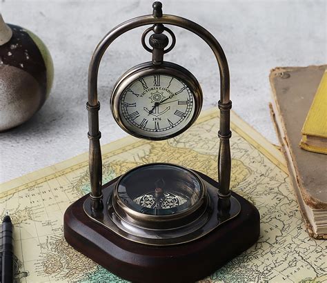 Buy Brass Table Clock With Wooden Compass Stand Online In India At Best