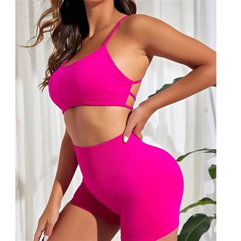 Seamless Backless Yoga Suit 2pc Set Women Sexy Fuchsia Gym Leggings Bra