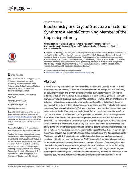 Pdf Biochemistry And Crystal Structure Of Ectoine Synthase A Metal