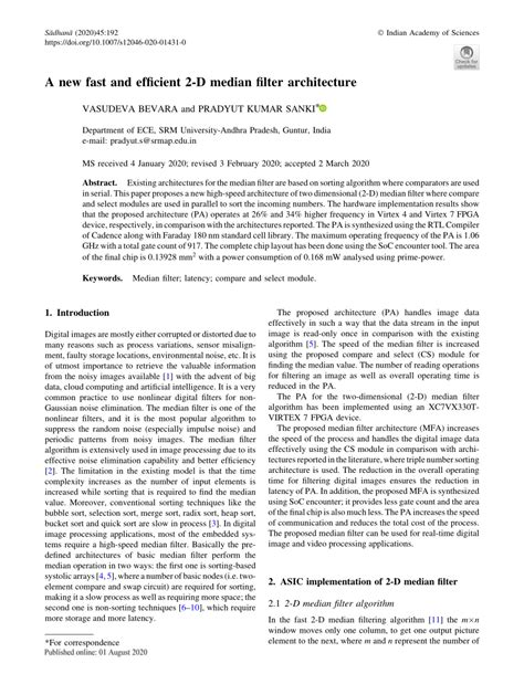 Pdf A New Fast And Efficient 2 D Median Filter Architecture
