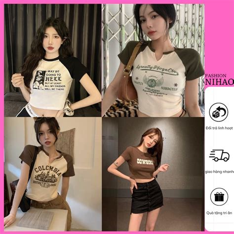 Áo Croptop Nihao Ôm Body Nữ Hell Cổ Tròn Tay Ngắn Áo Thun Croptop Kiểu