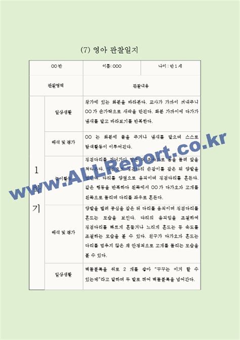 1년 3월 2월 만1세 관찰일지와 영역별 발달평가 10명 20page 분량 관찰일지유아보육실습일지