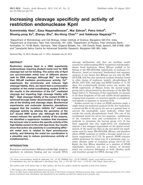 Pdf Increasing Cleavage Specificity And Activity Of Restriction