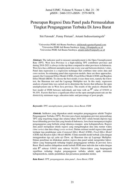 Pdf Penerapan Regresi Data Panel Pada Permasalahan Tingkat Pengangguran Terbuka Di Jawa Barat