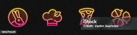세트 라인 비건 피자 슬라이스 토끼 음식 다이어트 및 도토리 빛나는 네온 아이콘입니다 벡터 건강한 생활방식에 대한 스톡 벡터 아트 및 기타 이미지 Istock