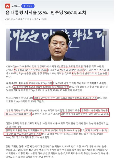 윤 대통령과 민주당 지지율 오픈이슈갤러리 인벤