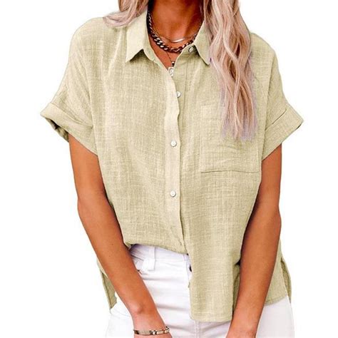 Купити Літні жіночі блузки з відворотом на ґудзиках Однотонні бавовняні лляні сорочки з