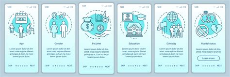 인구 통계 청록색 그라데이션 온보딩 모바일 앱 페이지 화면 벡터 템플릿입니다 선형 일러스트레이션이 있는 웹 사이트 단계는 사회적 특성입니다 Ux Ui Gui 스마트폰