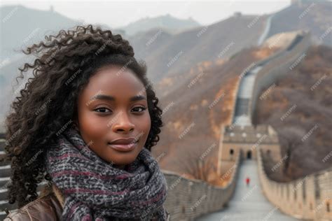Free Photo Portrait Of Female Tourist Visiting The Great Wall Of China