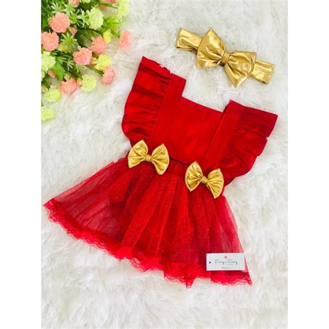 Romper Natal Festas Vermelho Dourado Look Natalino Luxo Shopee Brasil