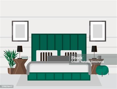 현대적인 스타일의 흰색 침실 헤드 보드가있는 대형 침대 침대 옆 테이블 램프 호텔 객실 스위트 가구 상점 광고 녹색 악센트