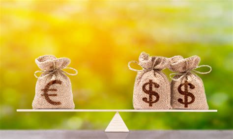 달러와 유로 표지판을 가진 돈 가방은 미래 개념 또는 통화 차이 달러와 유로에 녹색 햇빛 배경 투자에 넣어 균형 저울에 넣어 가방에 대한 스톡 사진 및 기타 이미지 Istock