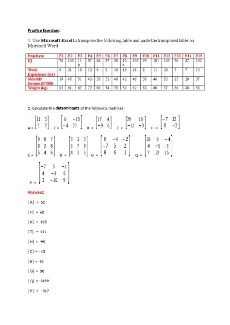Stfm125 Practice Exercises Matrix Transpose And Determinants Practice Exercises 1 Use