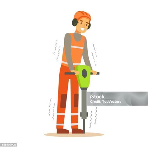 헤드폰 잭 햄 머 Roadworks의 일부 및 벡터 일러스트 레이 션의 건설 사이트 시리즈 작업에로 작업자 잭 해머에 대한 스톡