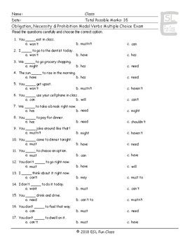 Modal Verbs Obligation Necessity Prohibition Multiple Choice Exam