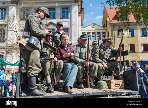 Reenactors Spectators Military Vehicles Before Reenactment Of Ww2