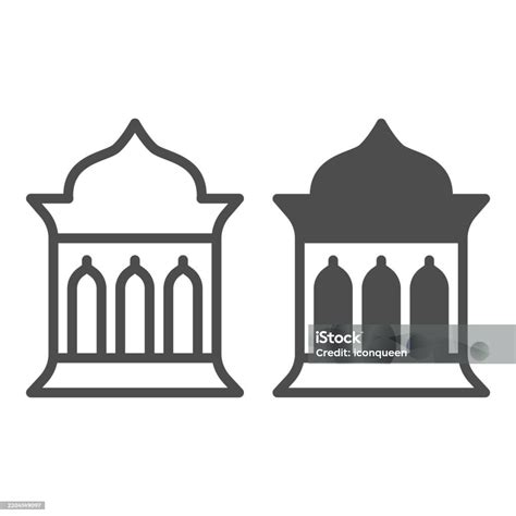 무슬림 모스크 라인과 견고한 아이콘 이슬람 건축 개념 벡터 그래픽입니다 기도 건물 흰색 배경에 종교 기호 모바일 또는 웹 디자인에 대한 개요 스타일 아이콘 0명에 대한 스톡