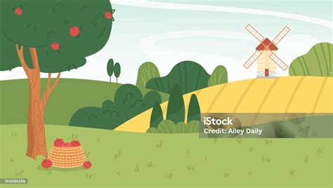 시골 풍경 밀밭과 풍차가있는 플랫 벡터 일러스트레이션 농촌 지역의 개념 9월에 대한 스톡 벡터 아트 및 기타 이미지 9월 가을 개념 Istock