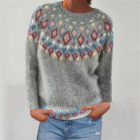 Absuyy Sweaters For Women Round Neck Knitted Long Sleeve Casual Printed
