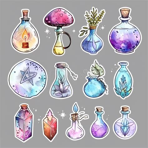 Whimsical Fantasy Stickers Featuring Potion Bottles Crystals Leaves