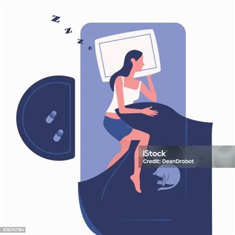 고양이 함께 침대에서 자는 여자의 최고 볼 수 있습니다 평면 벡터 일러스트 레이 션 잠자기에 대한 스톡 벡터 아트 및 기타