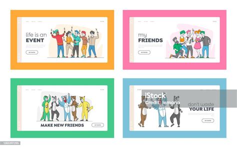 방문 페이지 템플릿 세트에 대한 축하 및 파자마 파티 개념 재미있는 의상 우정에 쾌활한 행복한 사람들 파자마에 대한 스톡 벡터 아트 및 기타 이미지 Istock