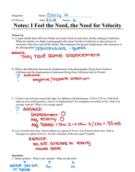 211 Displacement And Velocity Bergstrom Name