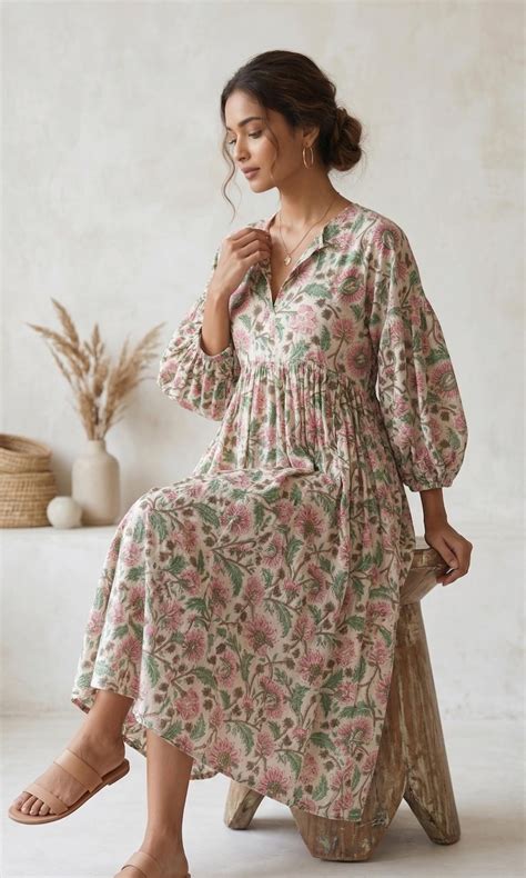 Boho Floral Maxi Dress Puff Sleeve Cottagecore Prairie Dress Vintage