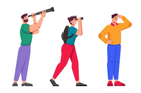 미래의 비전 개념 비즈니스 기회를 추구하는 리더 스파이안경과 쌍안경이 있는 고립된 보스가 거리를 바라보고 있습니다 영감과 리더십 만화 캐릭터 평면 벡터 예측에 대한 스톡