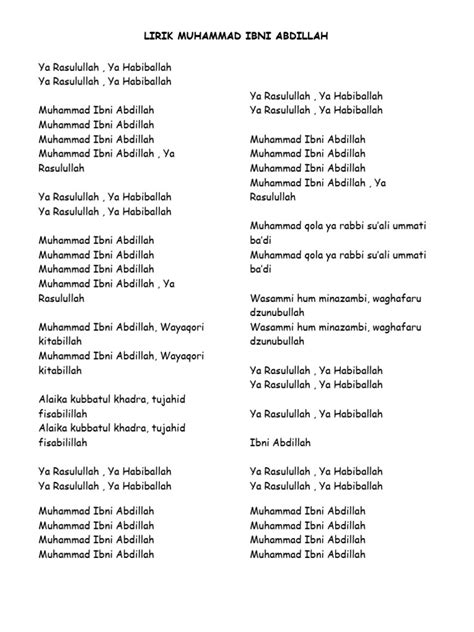 Lirik Muhammad Ibni Abdillah Pdf